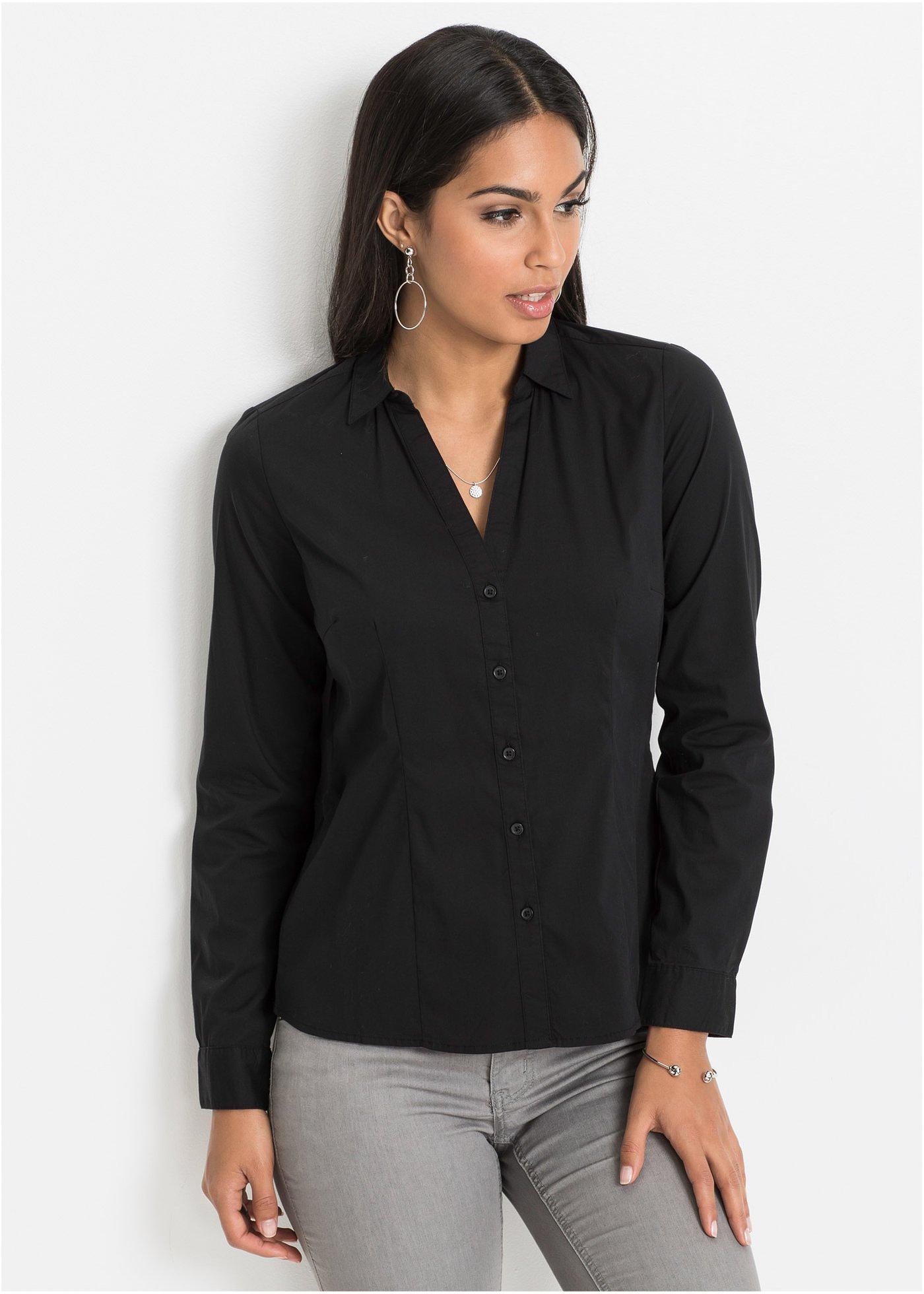 Vielseitig kombinierbare Stretch-Bluse mit langen Ärmeln. - schwarz