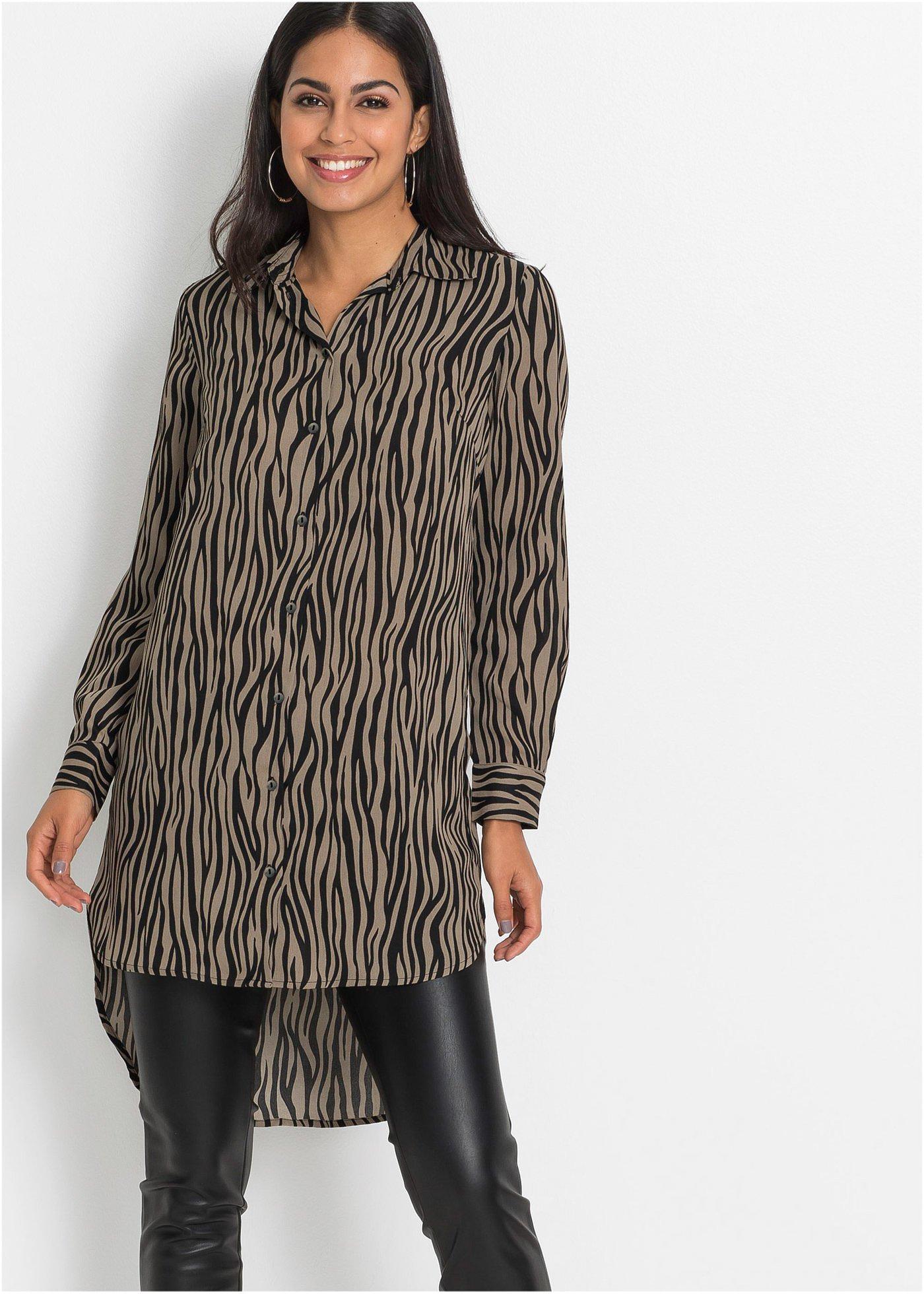 Langärmlige Bluse mit Animal-Print - schwarz/khaki zebra bedruckt