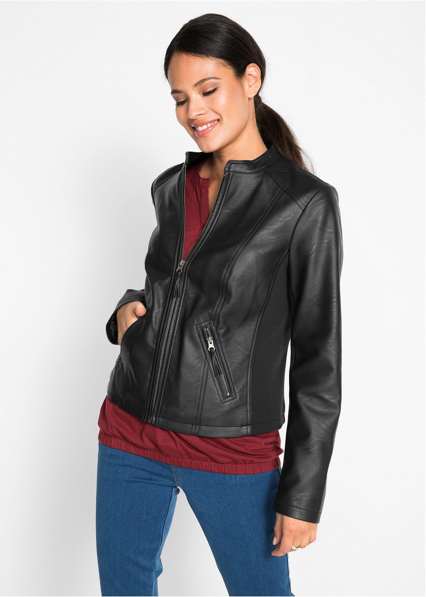 Elegante Jacke aus Lederimitat mit Stehkragen, tailliert - schwarz