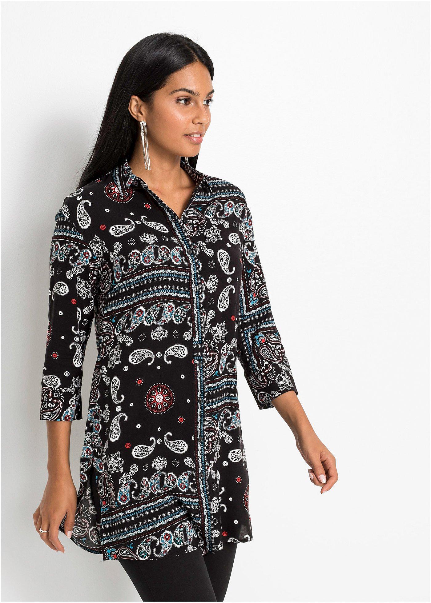 Aufwendig gemusterte Longbluse mit 3/4-Ärmeln - schwarz paisley