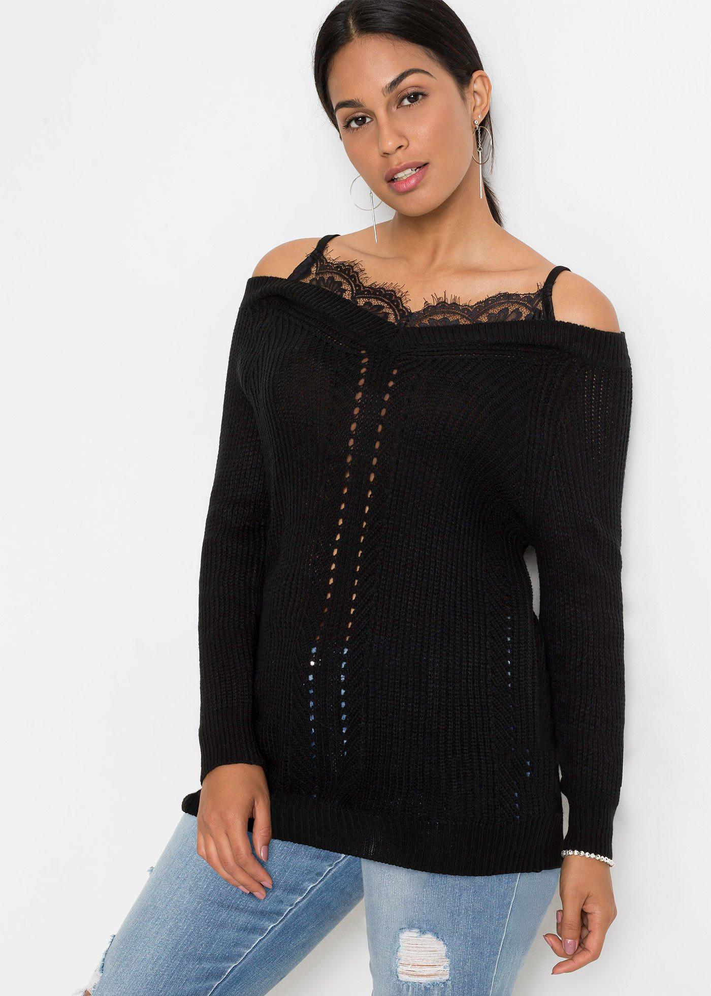 Moderner Pullover mit hochwertiger Spitze - schwarz