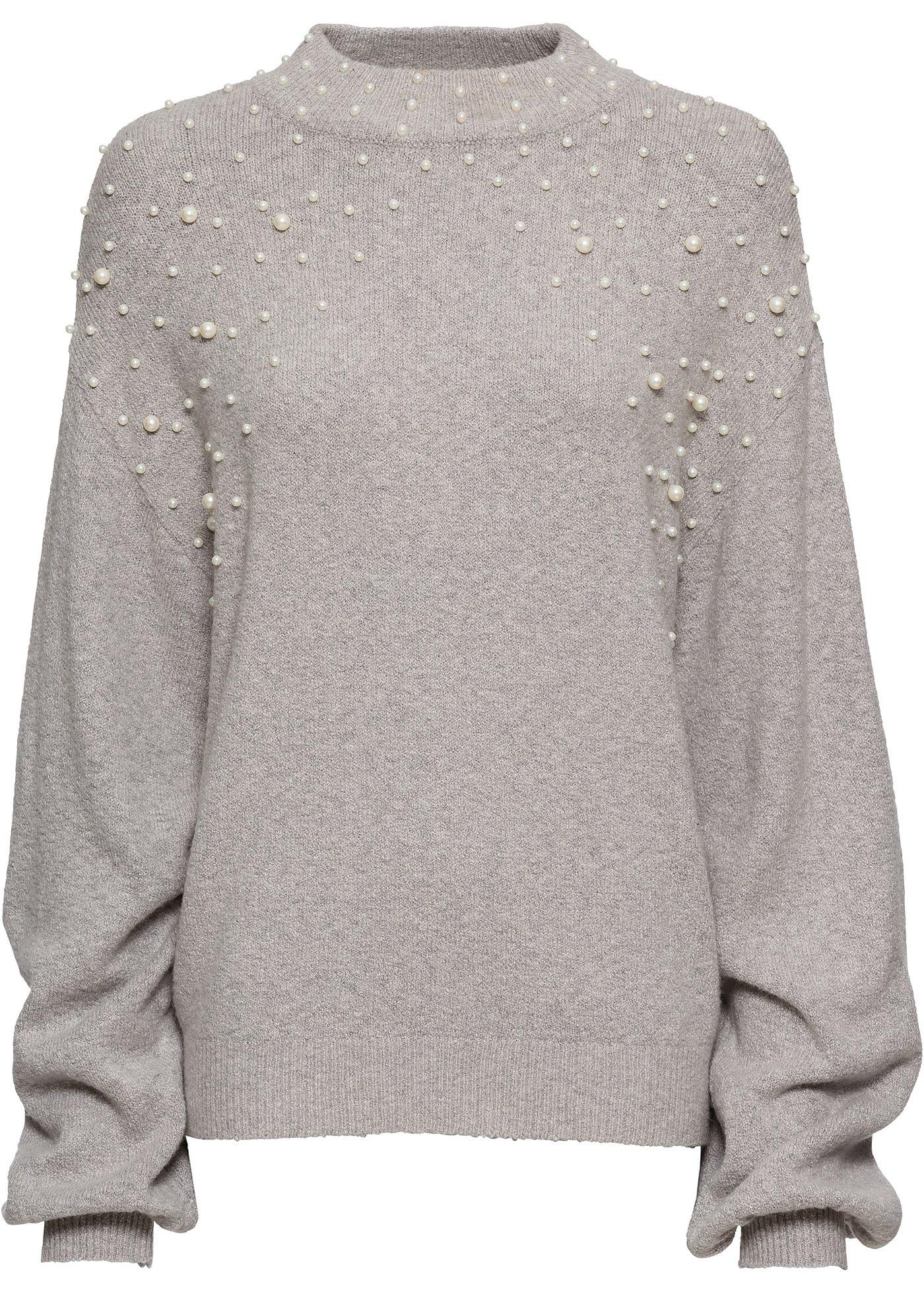 Kuschelweicher Strickpullover verziert mit Perlen. - grau meliert