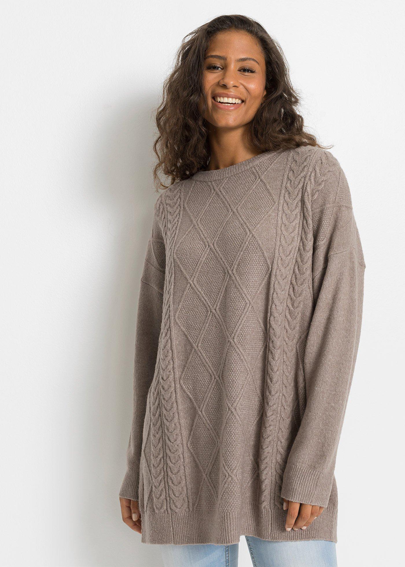 Lässiger Oversize-Pullover mit schönem Zopfmuster - taupe meliert