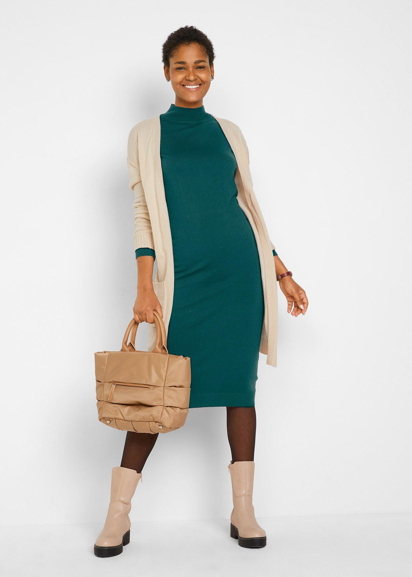 Stylisches Strickkleid mit Stehkragen, langarm - tiefgrün