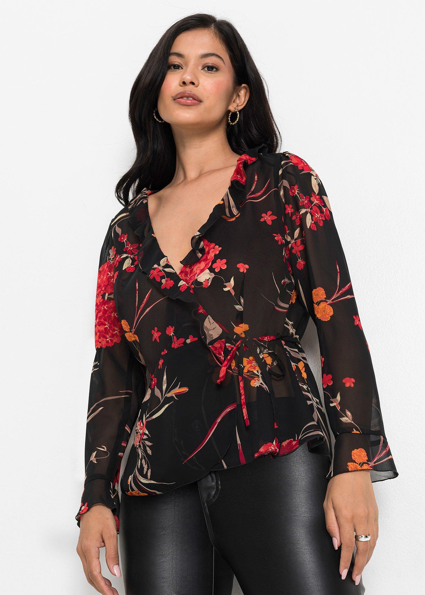 Stylische Chiffon-Bluse mit tiefem V-Ausschnitt und leichter Transparenz - schwarz geblümt