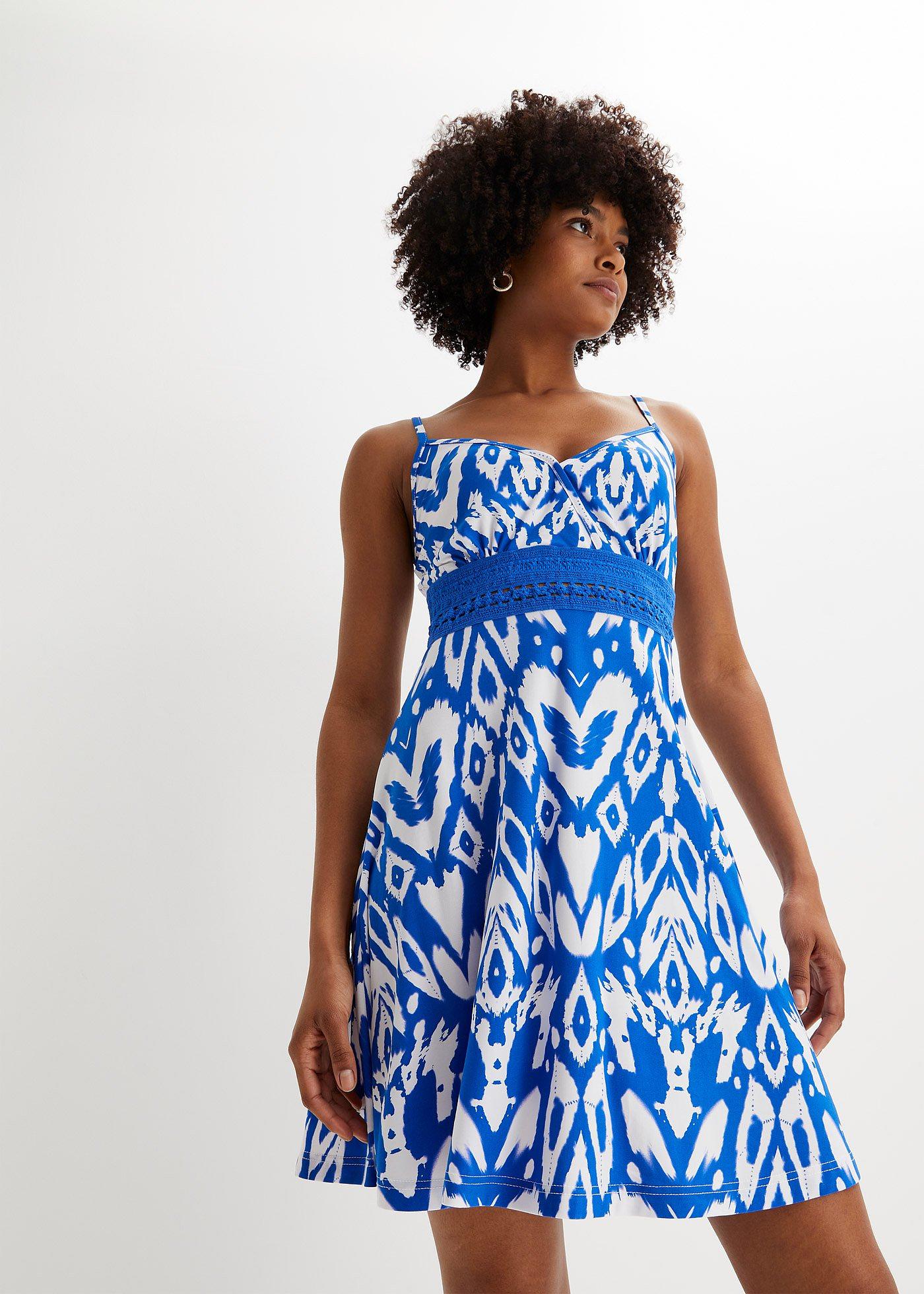 Kurzes Kleid mit Häkeleinsatz - blau/weiss bedruckt