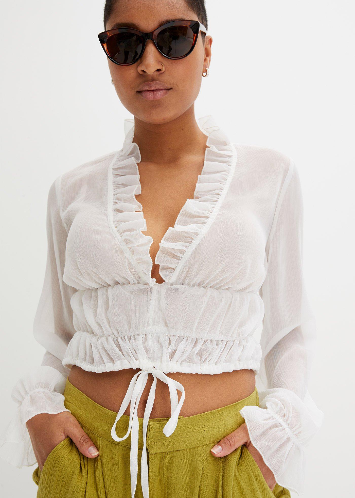 Chiffon-Bluse mit Schnürung - weiss