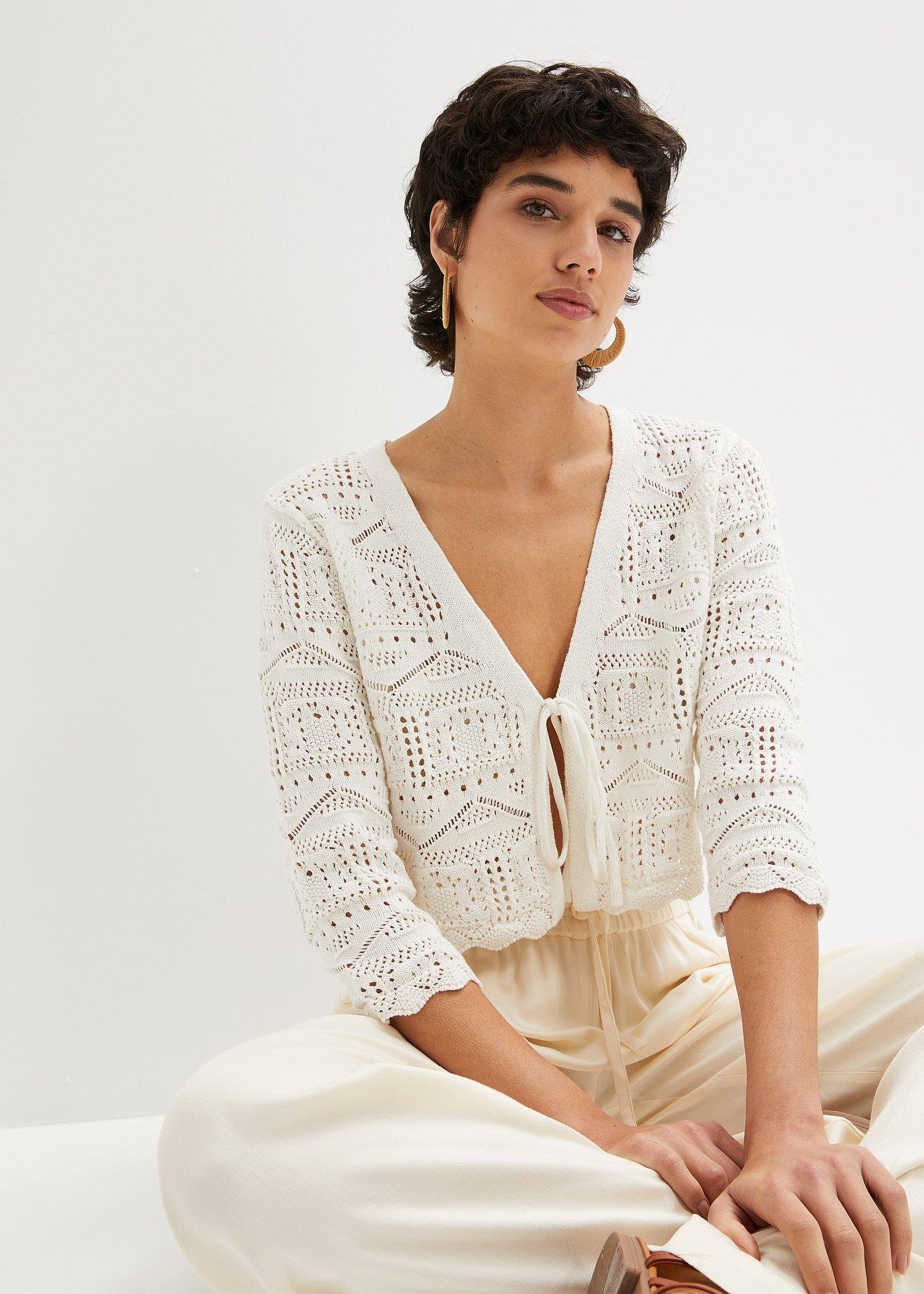 Ajour-Strickjacke mit feinem Muster - weiß