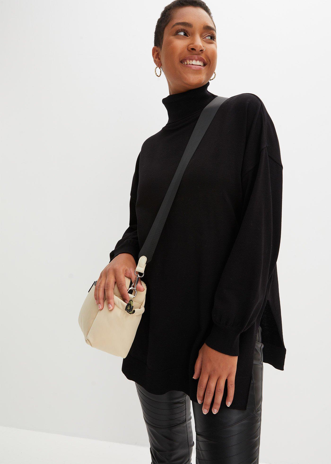 Bequem geschnittener Rollkragenpullover mit Schlitz - schwarz