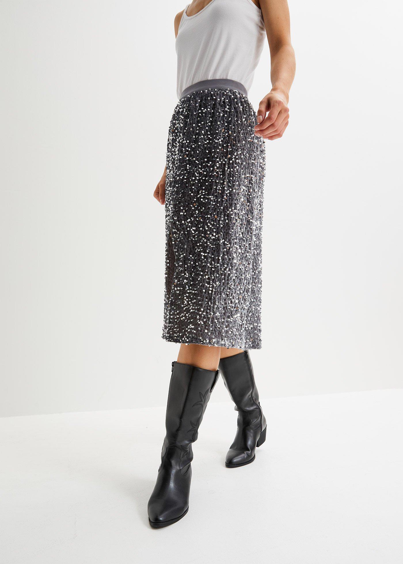modischer Pailletten-Rock mit Schlitz vorne - silbergrau