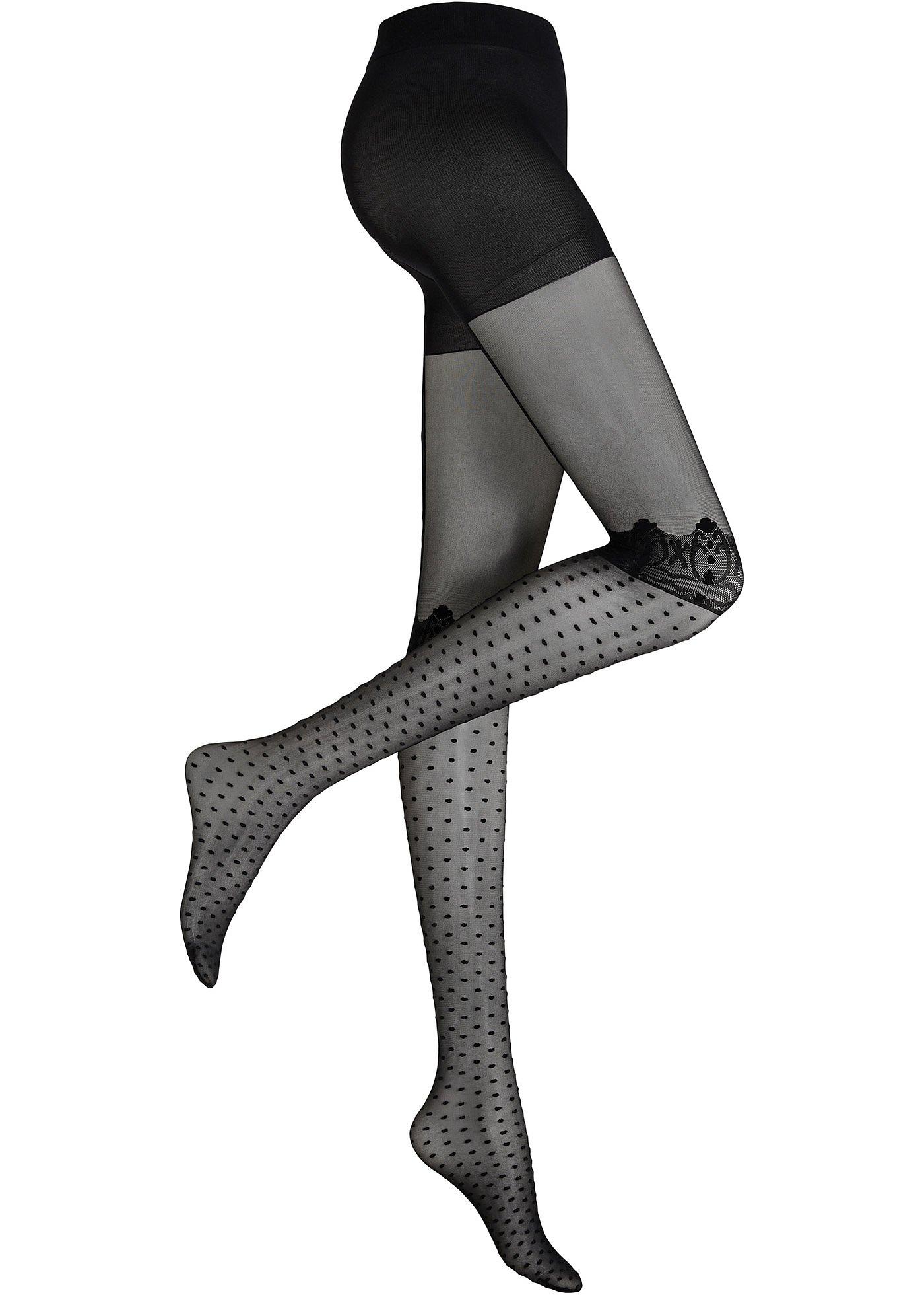Verführerische Strumpfhose 20den mit Spitzenhöschen und Strapsoptik - schwarz gepunktet