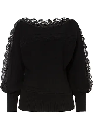 modischer Pullover mit Spitze - schwarz - Damen | bonprix