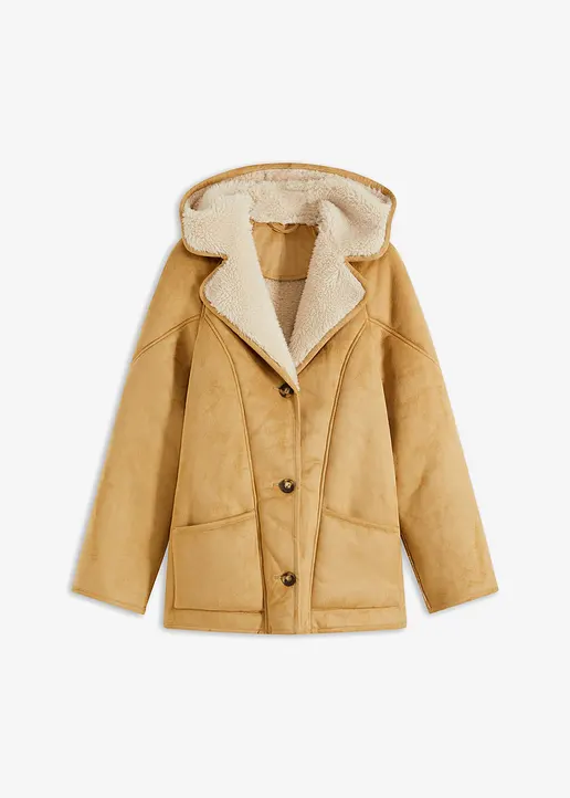 Lässige Shearling Jacke mit Taschen und Kapuze - braun | bonprix