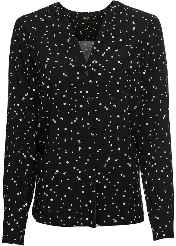 Attraktive Pünktchenbluse mit Knopfleiste und reizendem V-Ausschnitt.