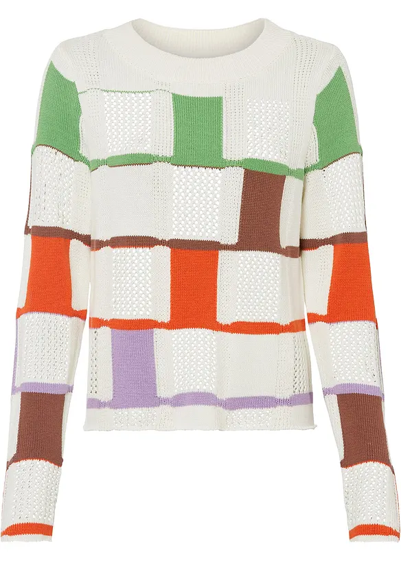 Mehrfarbiger Strickpullover mit Rundhalsausschnitt - weiß - Damen